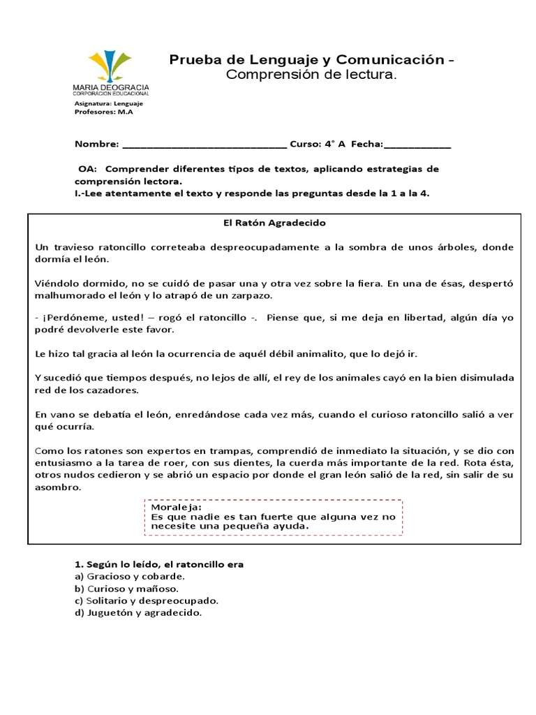 Prueba de Comprensión Lectora | PDF | Libros para adolescentes ...