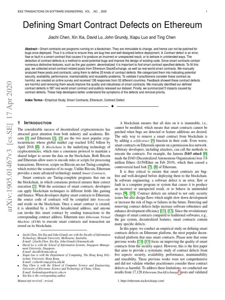 Defining Smart Contract Defects On Ethereum: Jiachi Chen, Xin Xia, David Lo, John Grundy, Xiapu ...