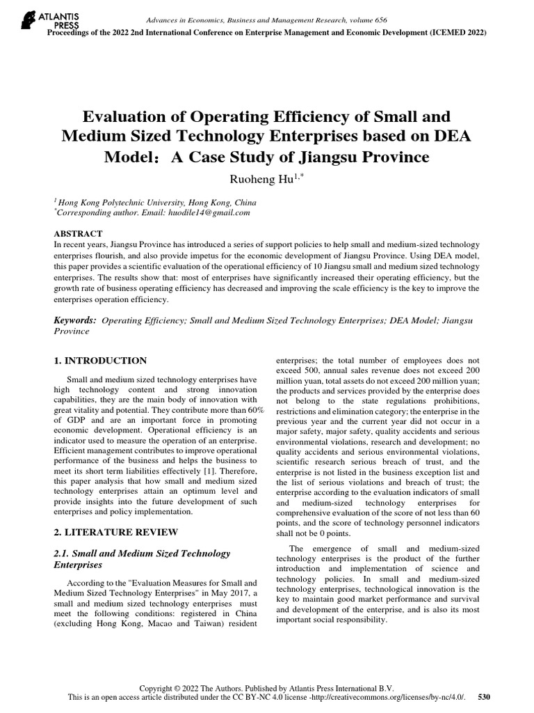 Evaluation of Operating Efficiency of Small and Medium Sized Technology Enterprises Based On DEA ...