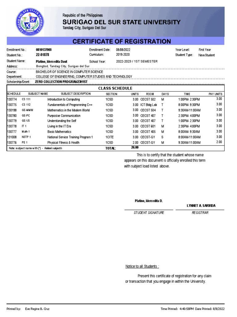 Certificate of Enrollment: Computer Science | PDF | Science