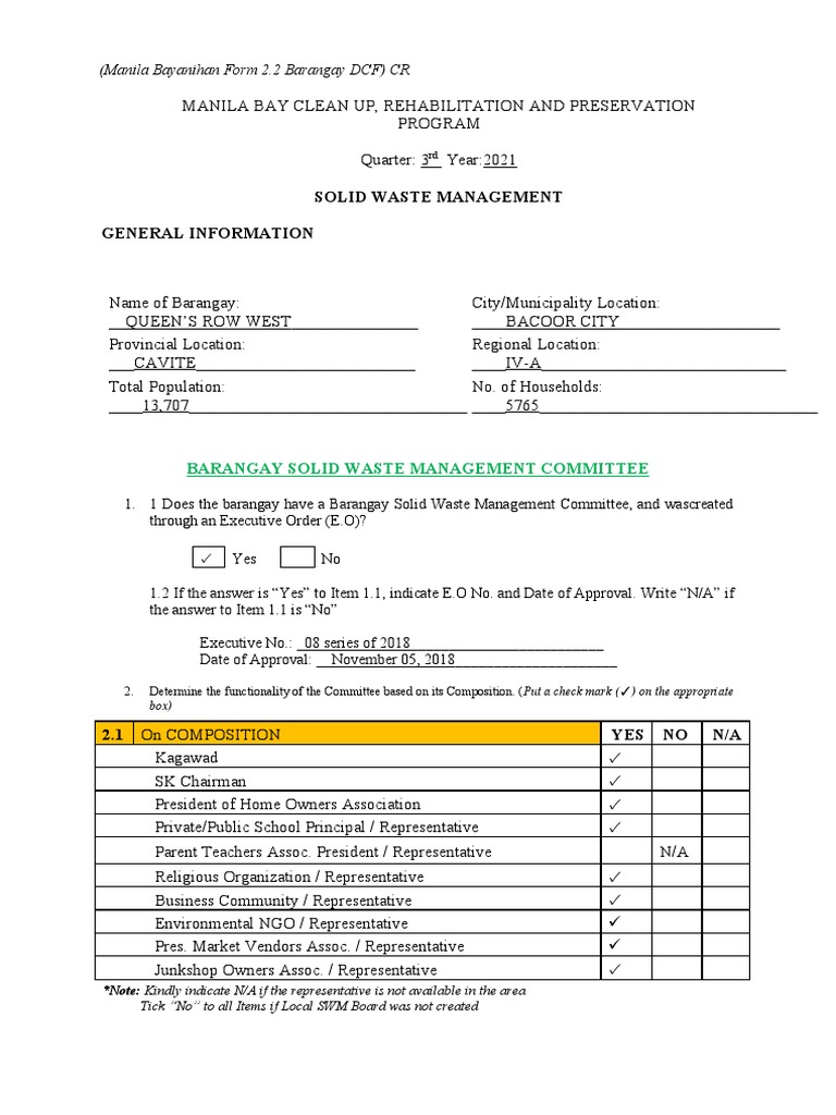 Solid Waste Management General Information: (Manila Bayanihan Form 2.2 ...