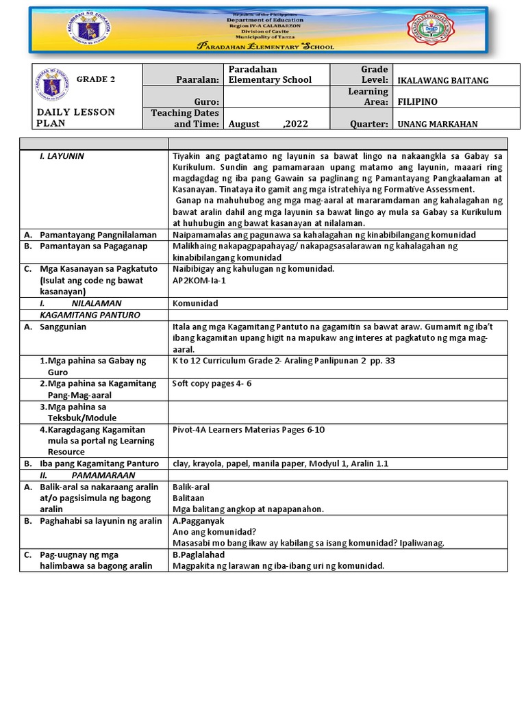 Daily Lesson Plan: I. Layunin | PDF