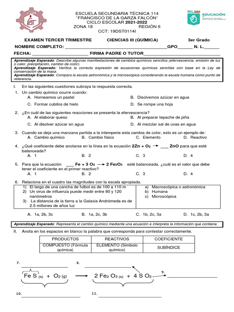 EXAMEN QUIMICA Tercer Trimestre | PDF | Enlace químico | Enlace covalente