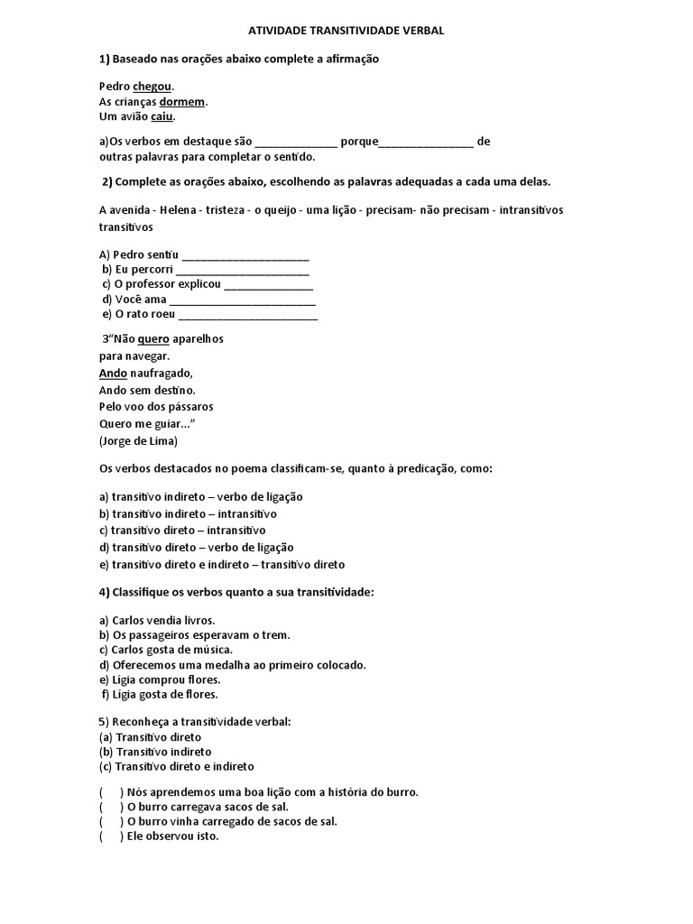 Atividade Transitividade Verbal Pdf Linguística