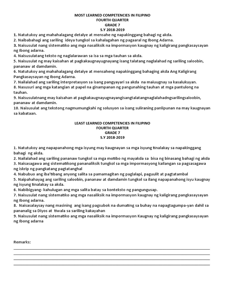 Most Learned Competencies in Filipino | PDF