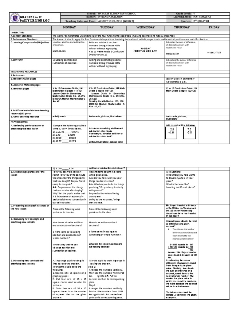 DLL Mathematics q2 W2-Crafted-Semifinal | PDF | Numbers | Subtraction
