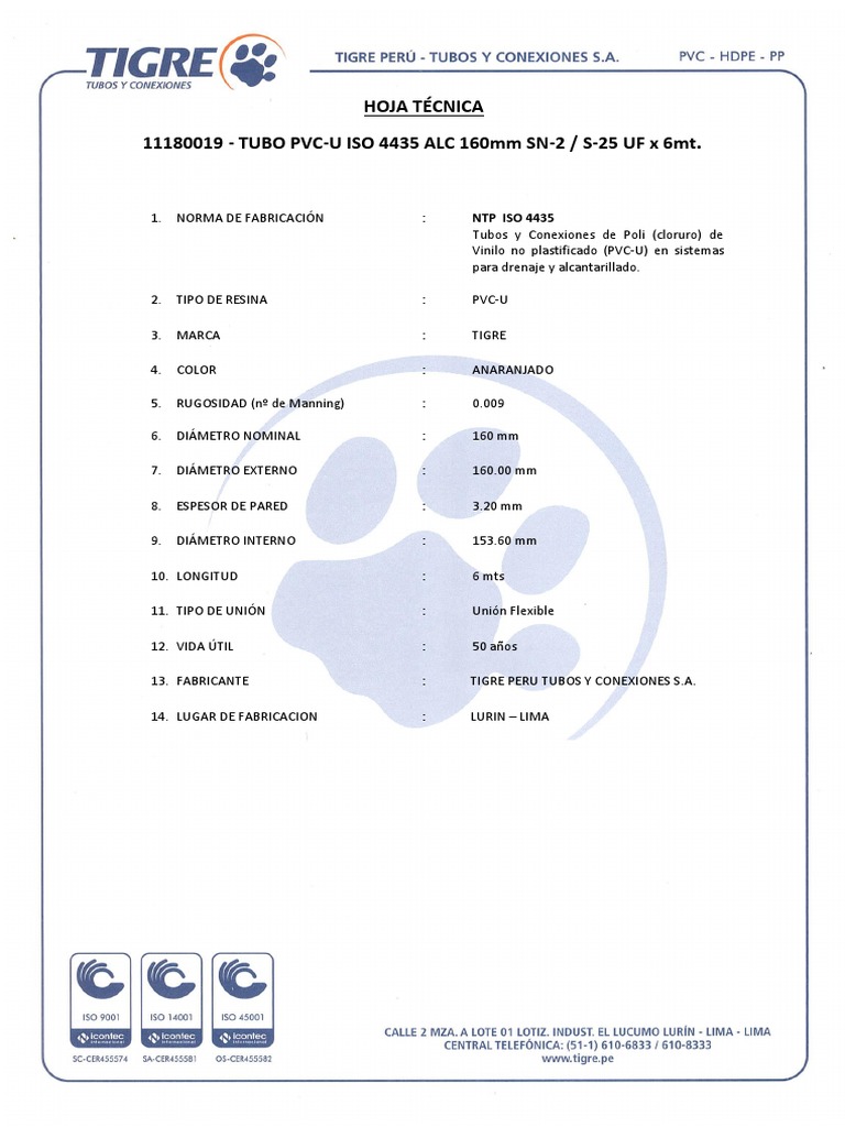 Ficha Tecnica Tubo PVC 160 MM SN2 ISO 4435 TIGRE | PDF