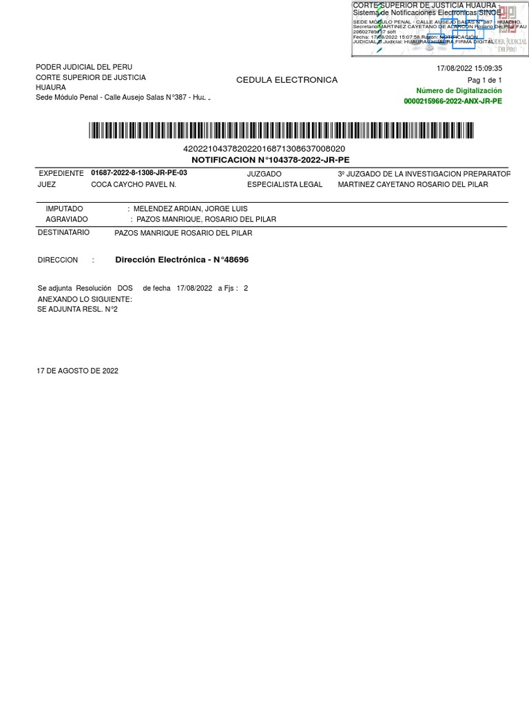 Exp. 01687-2022-8-1308-JR-PE-03 - Cédula - 104378-2022 | PDF