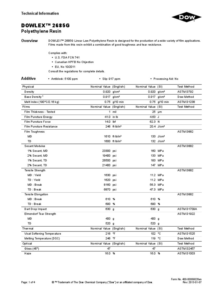 DoW LDPE 2685G | PDF | Electronic Cigarette | Dow Chemical Company