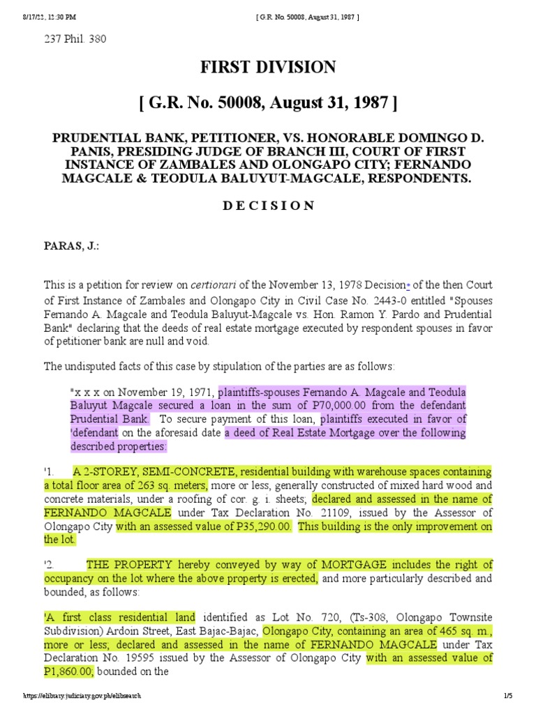 Prudential Bank v. Judge Panis, GR 50008, Aug. 31, 1988) | Download ...