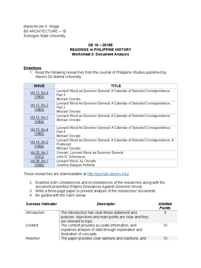 Readings in Philippine History - Worksheet No. 3 | PDF | Philippines