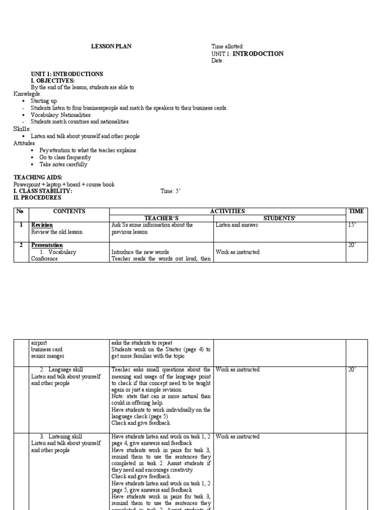 UNIt 1 - INTRODUCTIONS (A) | PDF | Teachers | Lesson Plan