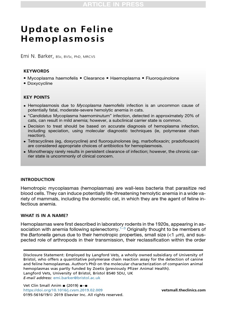 Update On Feline Hemoplasmosis: Emi N. Barker | PDF | Infection | Anemia