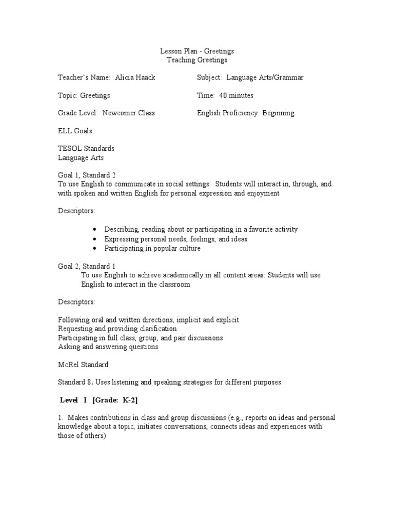 Greetings Lesson Plan | PDF | Conversation | Lesson Plan