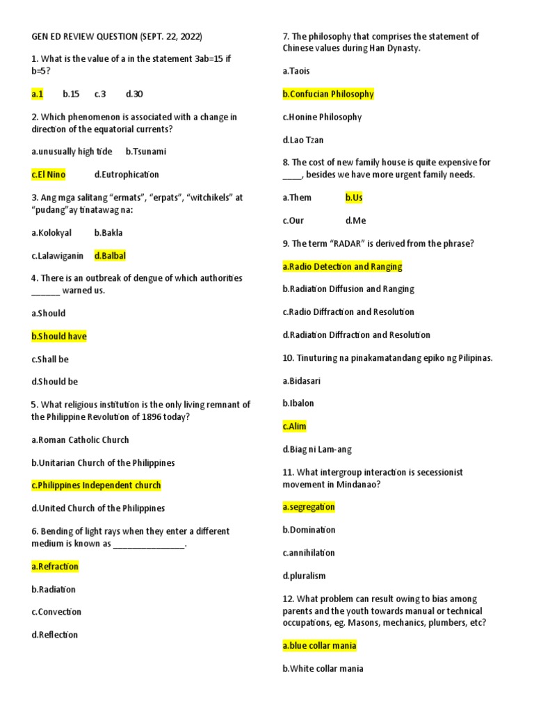 PART 1 GEN ED REVIEW QUESTION ANSWER KEY | PDF