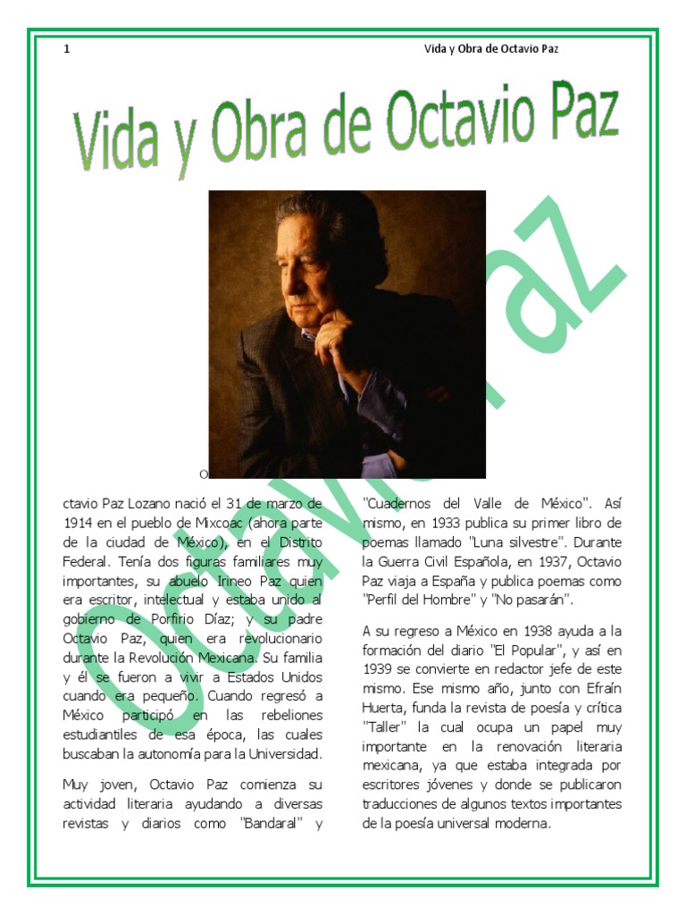 Octavio Paz: Vida y obra del Nobel de Literatura mexicano | PDF