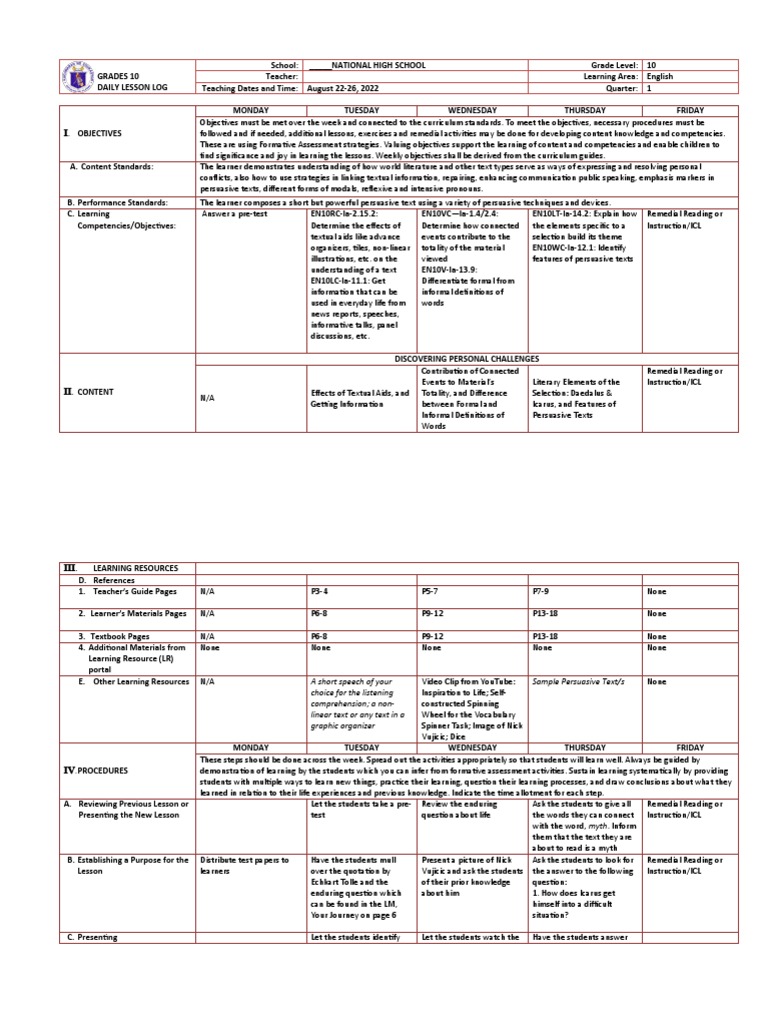 DLL G10 ENGLISH-Quarter 1 | PDF | Teaching Method | Learning