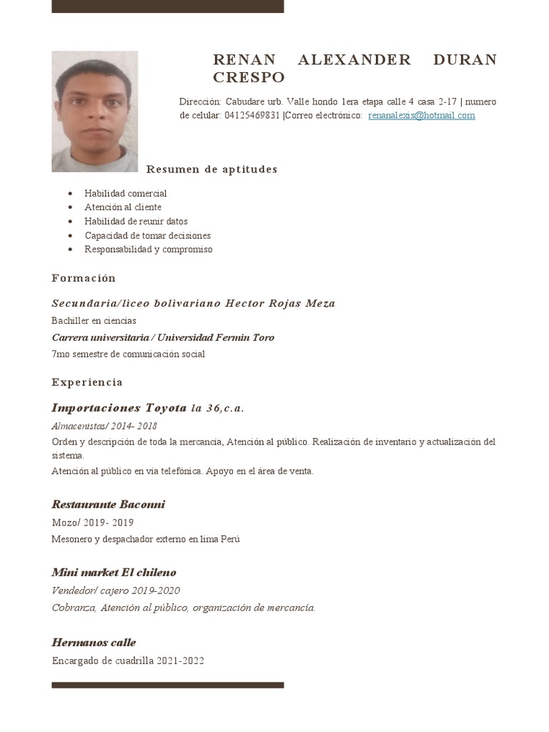 Renan Alexander Duran Crespo: Resumen de Aptitudes | PDF