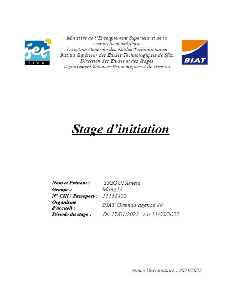 Rapport de stage à la BIAT Gremda | PDF | Banques | Chèque