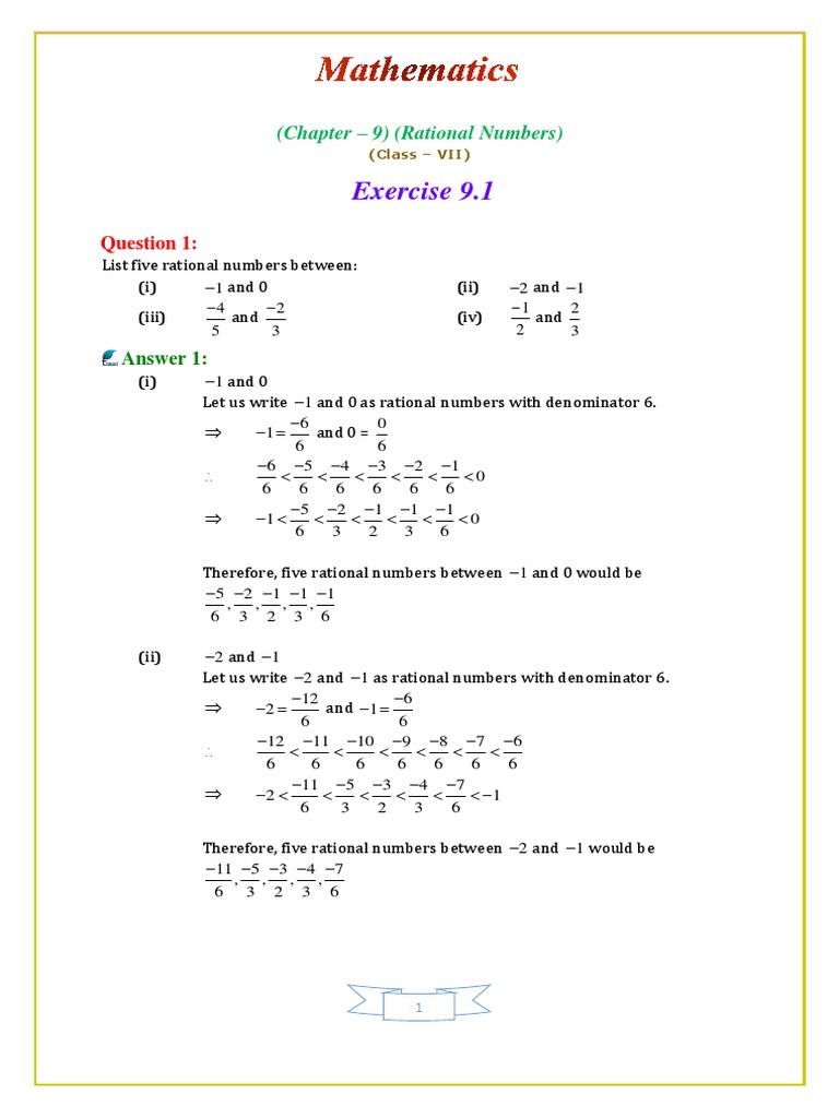 Exercise 9.1: (Chapter - 9) (Rational Numbers) | PDF | Mathematics ...