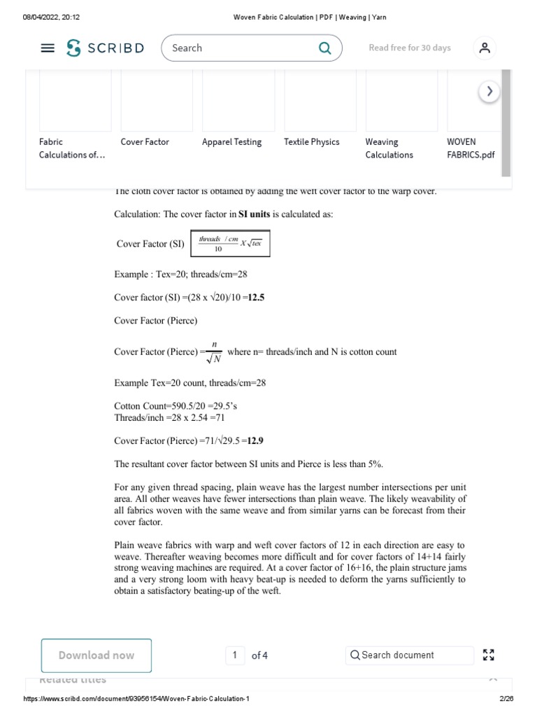 Woven Fabric Cover Factor Calculation | PDF | Weaving | Textiles