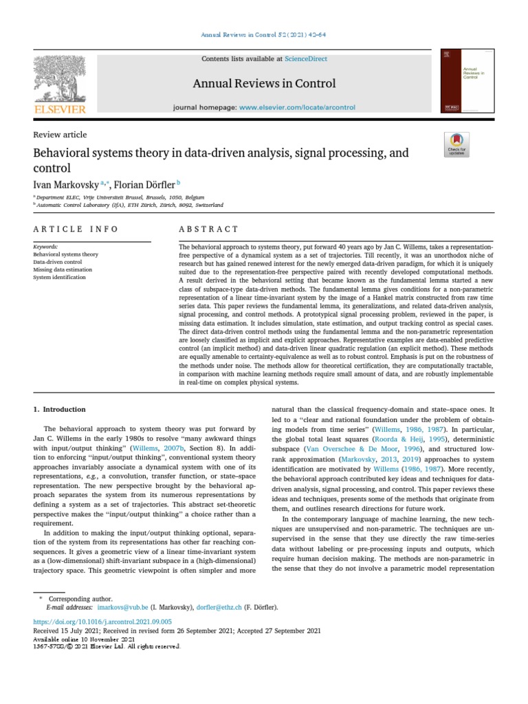 Behavioral Systems Theory in Data-Driven Analysis, Signal Processing, and Control | PDF | System ...
