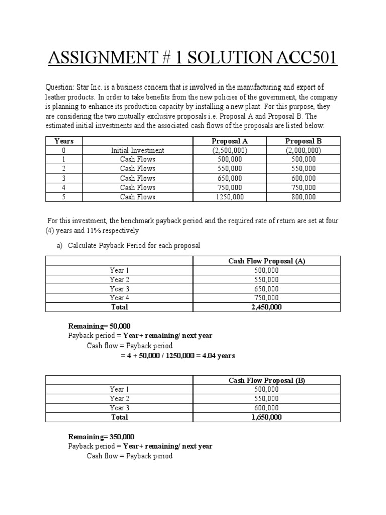 Assignment # 1 Solution Acc501: Years Proposal A Proposal B | PDF | Net Present Value | Internal ...