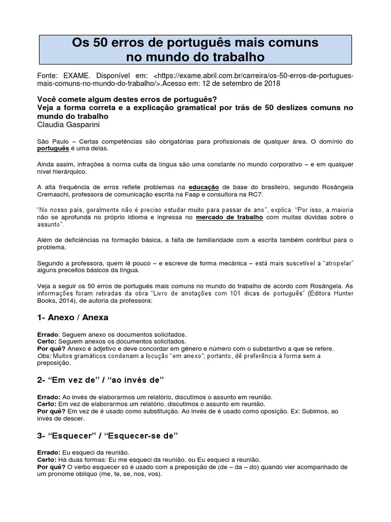 50 Erros de Portugues Mais Comuns | PDF | Assunto (gramática) | Português (idioma)