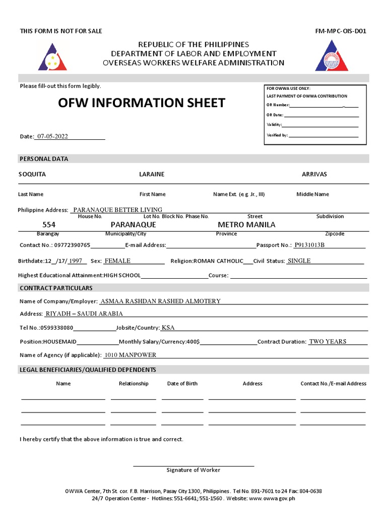 Ofw Information Sheet | PDF | Economies | Labor