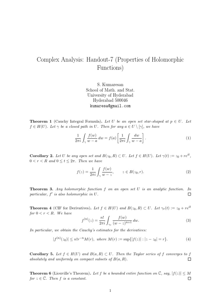 Complex Analysis Handout 7 Properties Of Holomorphic Functions Pdf Complex Analysis