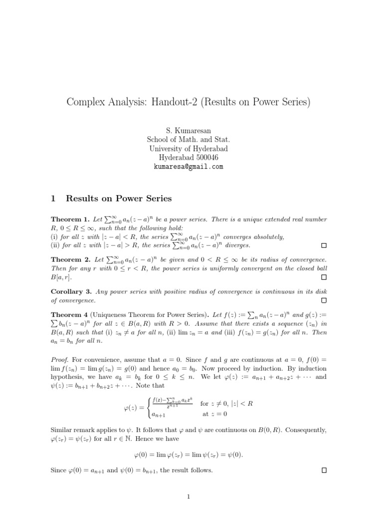 Complex Analysis Handout 2 Results On Power Series | PDF | Power Series | Holomorphic Function