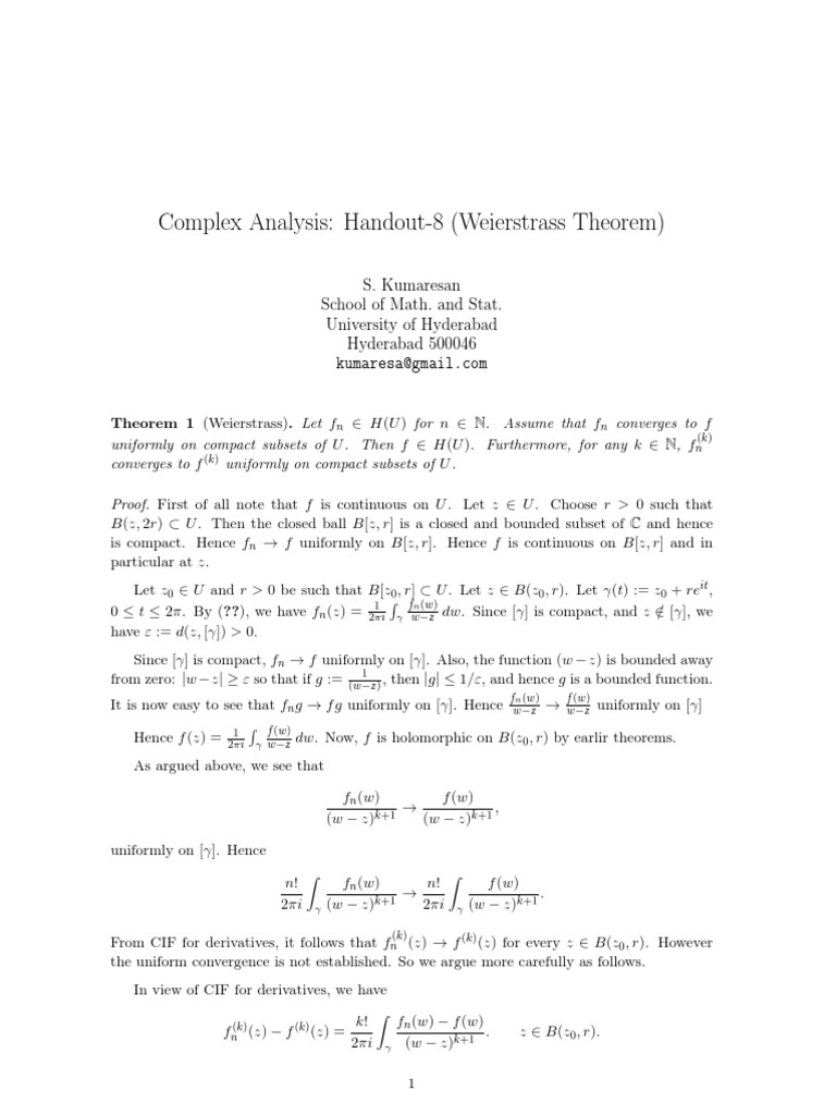 Complex Analysis Handout 8 Weierstrass Theorem | PDF | Compact Space ...