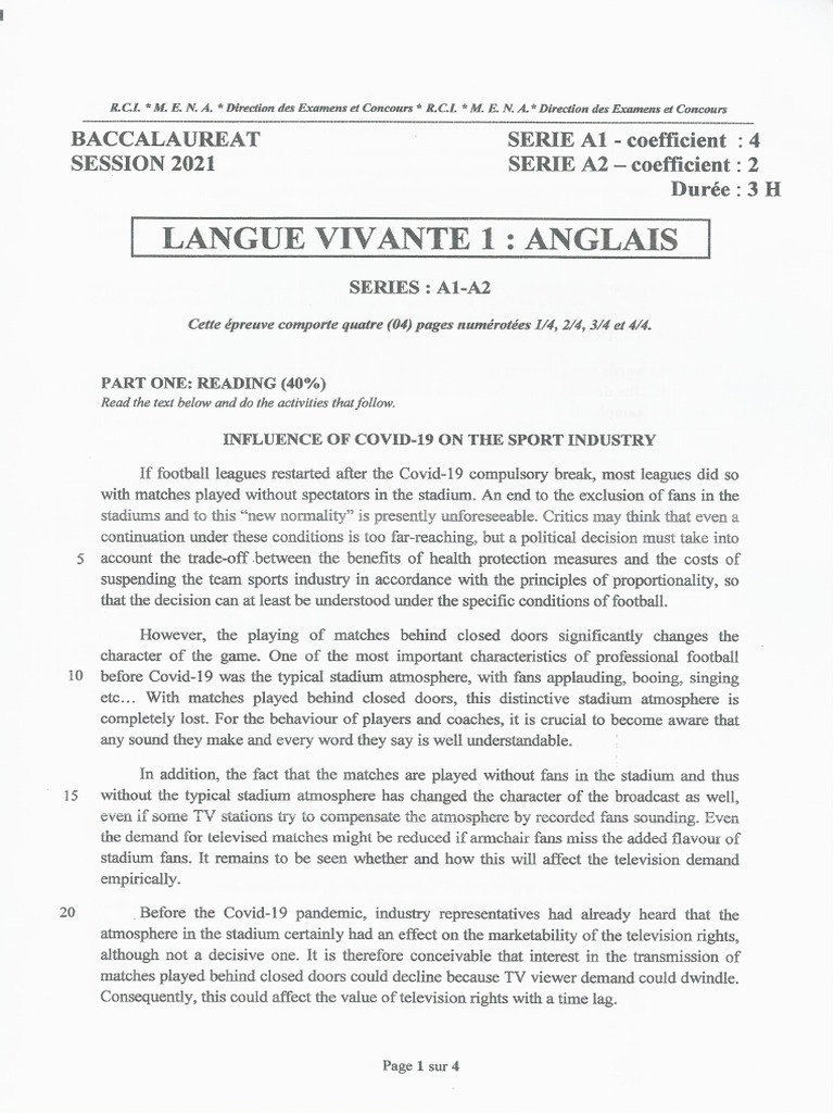 Epreuve Bac 2021 Lv1 Anglais Series A1 A2 Cote D'ivoire | PDF