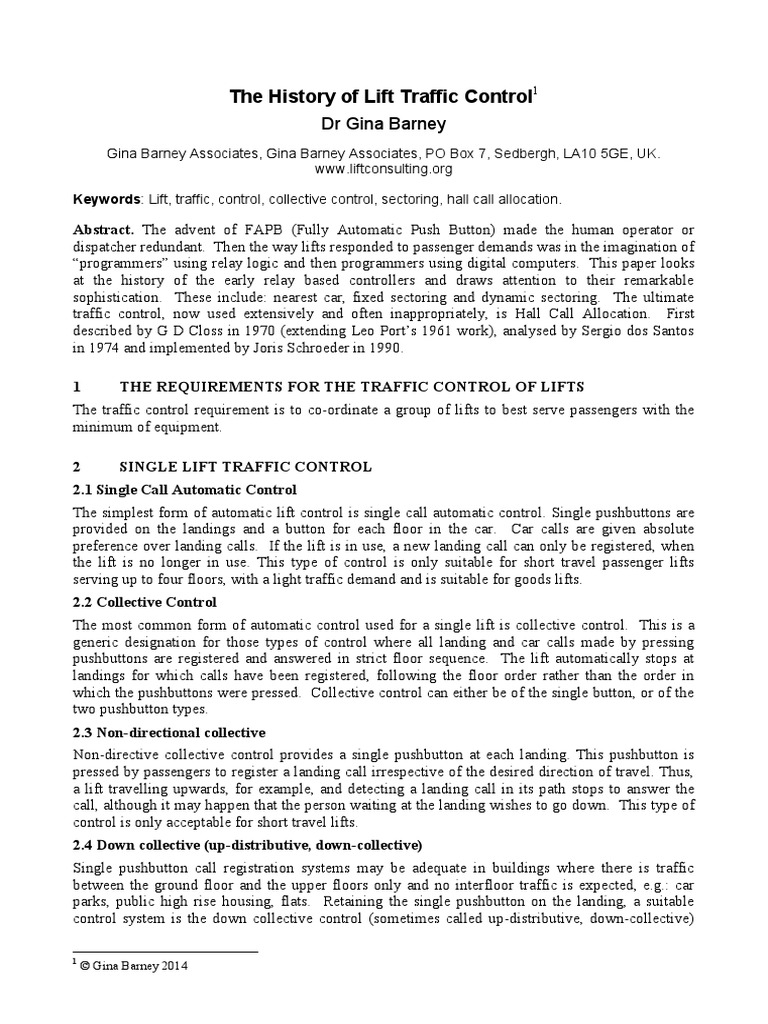 The History of Lift Traffic Control: DR Gina Barney | Download Free PDF | Elevator | Traffic