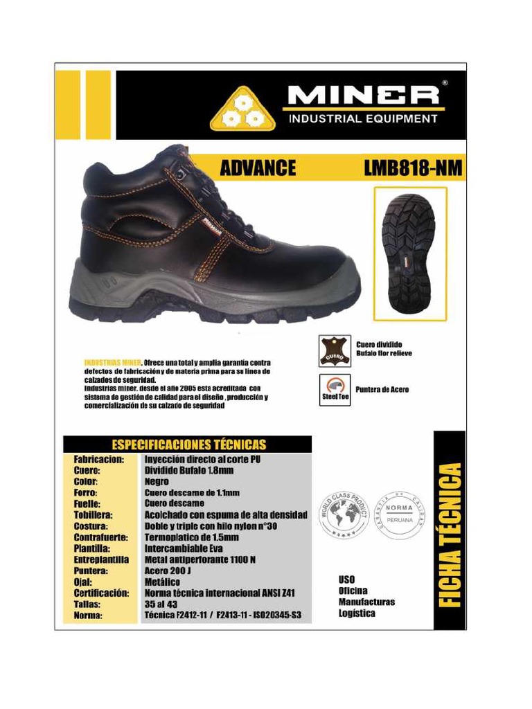 Zapatos de Seguridad Miner Ficha Tecnica | PDF
