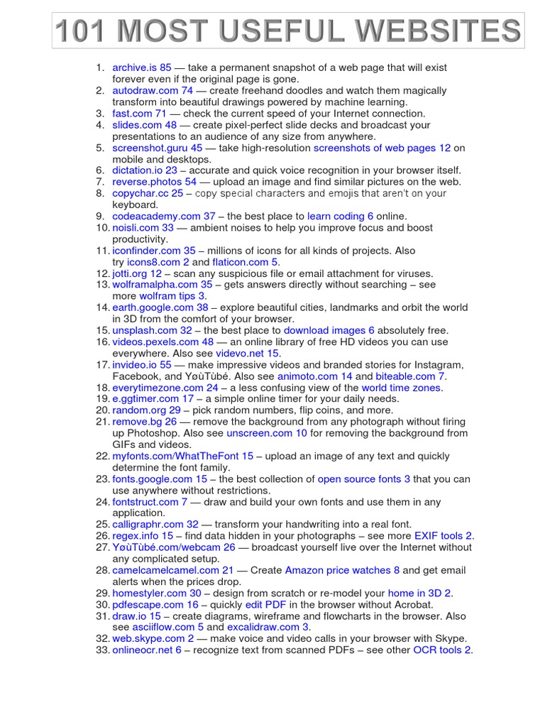 101 Useful Websites | Download Free PDF | World Wide Web | Internet & Web