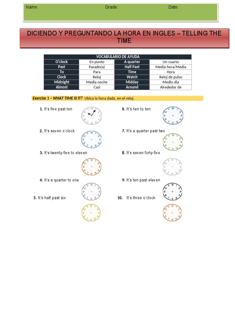 Ejercicios de la Hora en Inglés | PDF | Artes del Lenguaje y Comunicación