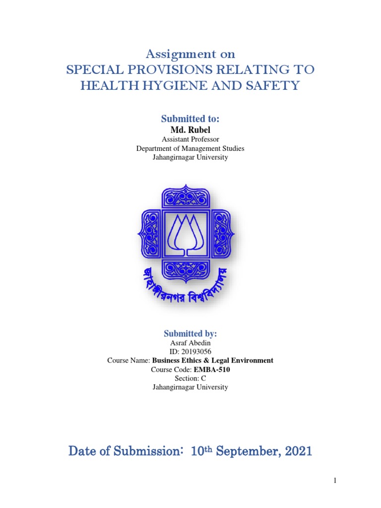 Assignment On Special Provisions Relating To Health, Hygiene and Safety ...