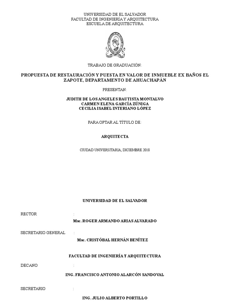 Propuesta de Restauracion Ex Baños El Zapote Ahuchapan - 01 | PDF | Diseño
