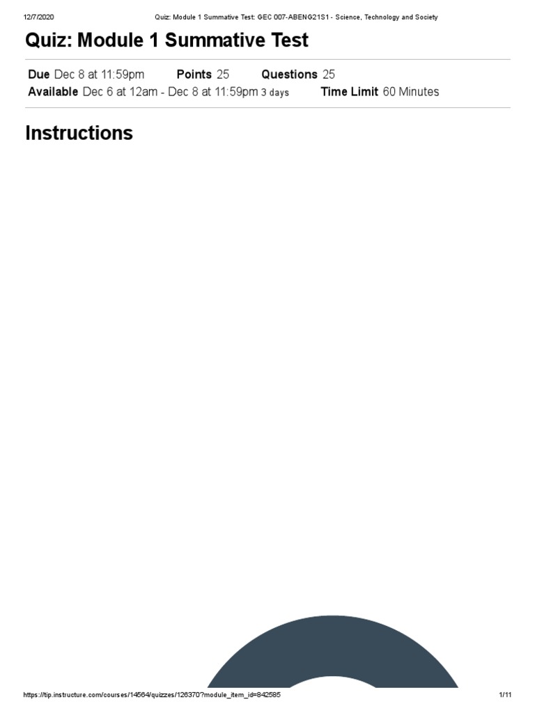 Quiz: Module 1 Summative Test: Points 25 Questions 25 Time Limit 60 ...
