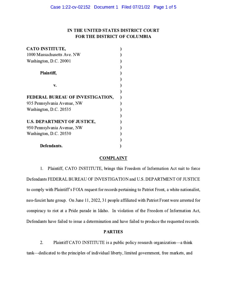 22-Cv-2152 Cato V FBI Re Patriot Front-Vault Response Complaint 072122 ...