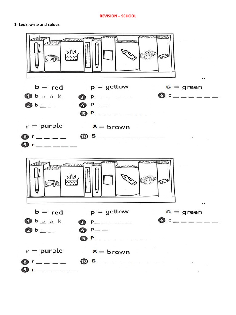 1-Look, Write and Colour.: Revision - School | PDF