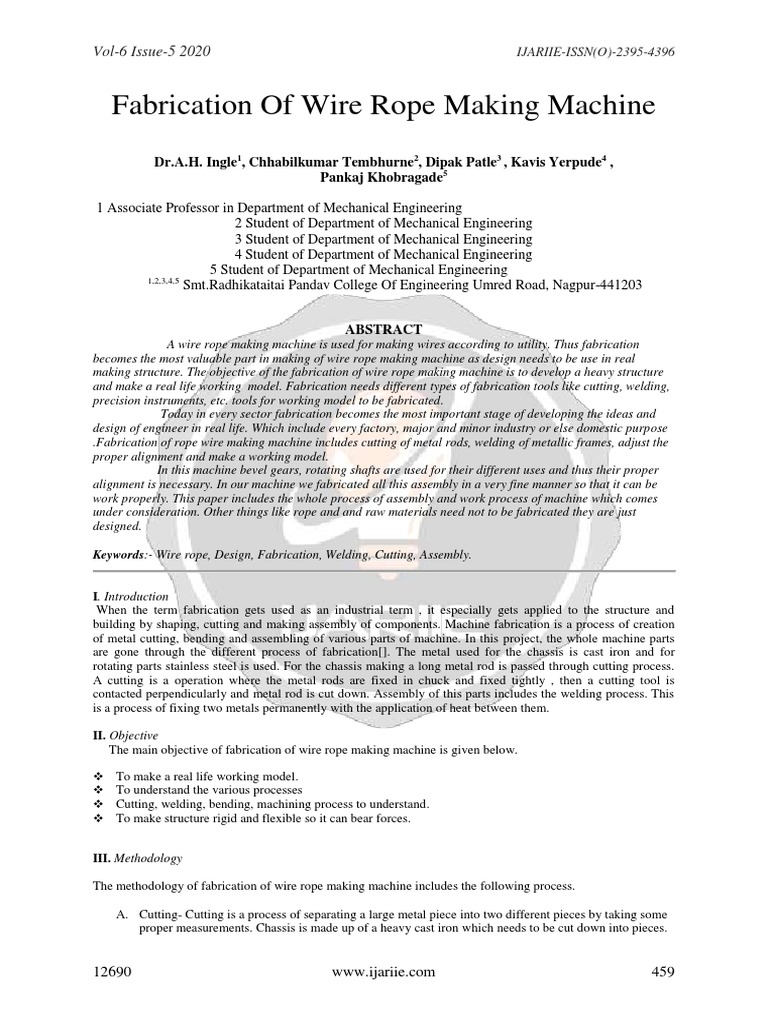 DESIGN AND FABRICATION OF WIRE ROPE MAKING MACHINE Ijariie12690 | PDF ...