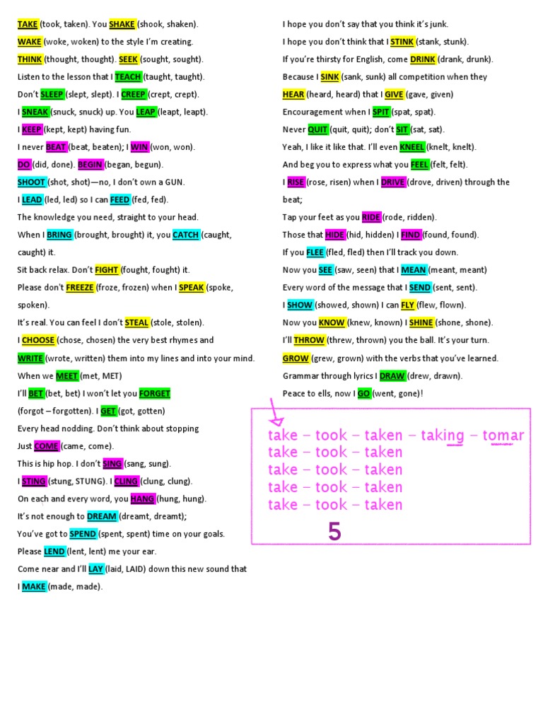 Irregular verbs Rap song list - sung - 2 | PDF