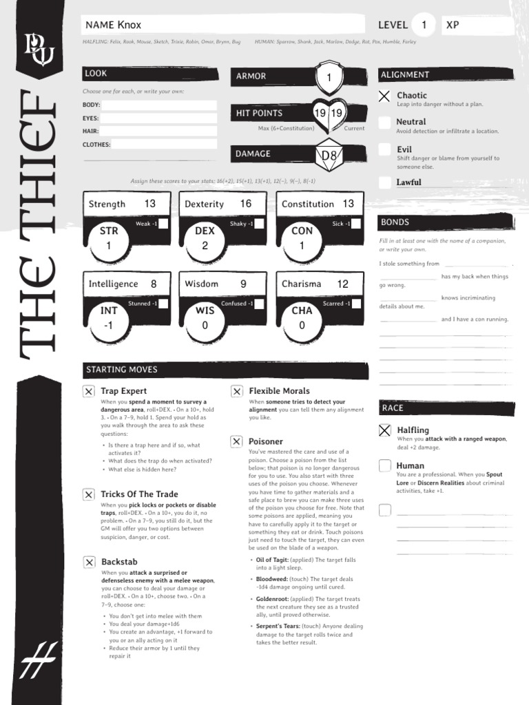 Dungeon World Play Sheets v2.4 Thief Fillable | PDF
