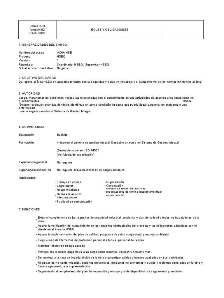 Sga-Fr-31 Roles y Responsabilidades de Vigia Sga | PDF | Seguridad y ...