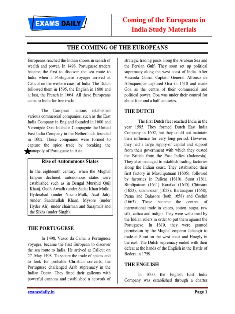 Coming of The Europeans in India Study Materials PDF | PDF | East India ...