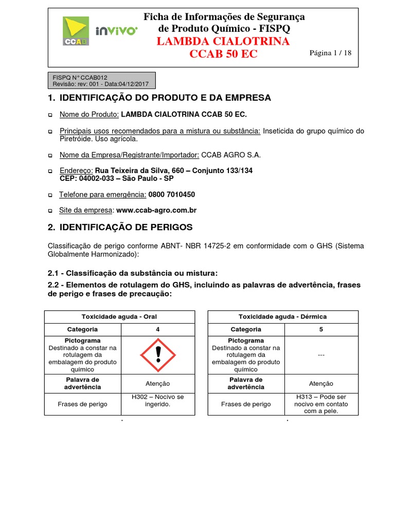 Lambda Cialotrina 50-EC CCAB FISPQ | PDF | Embalagem e rotulagem | Combustão