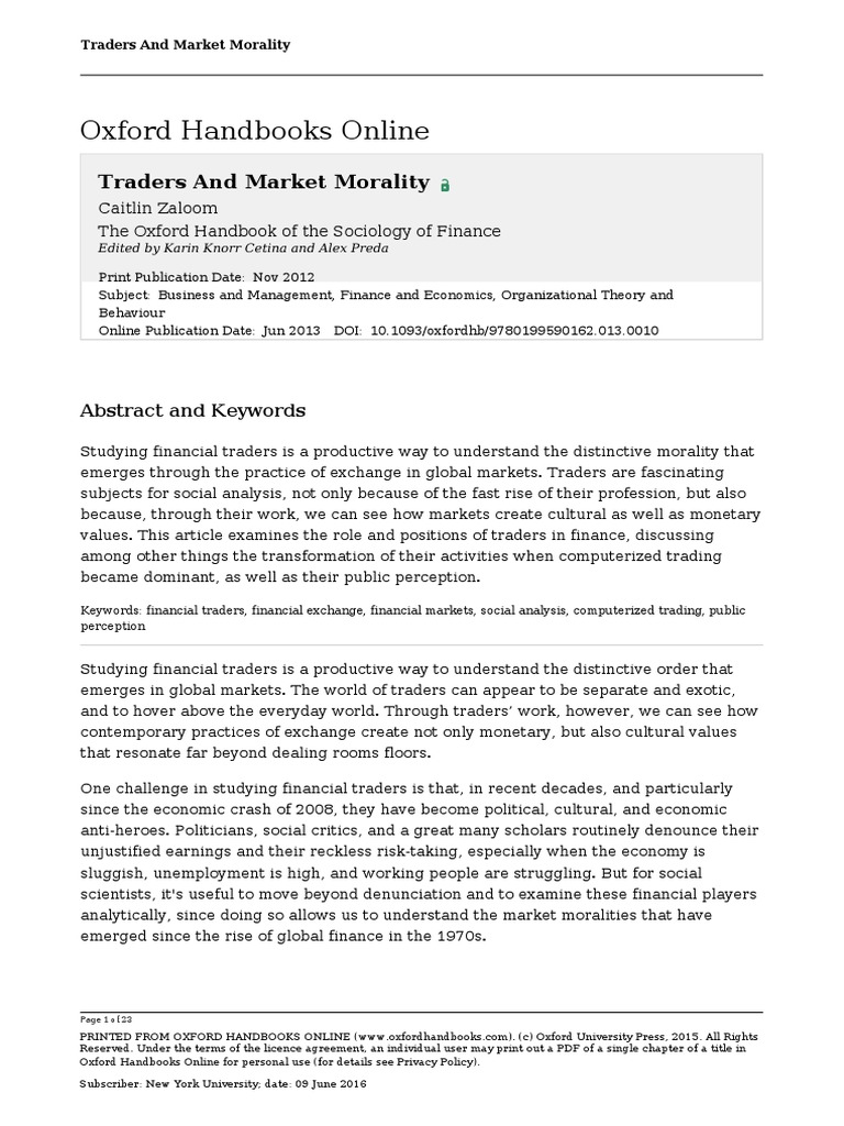 Zaloom - 2012 - Traders and Market Morality | PDF | Arbitrage | Market ...