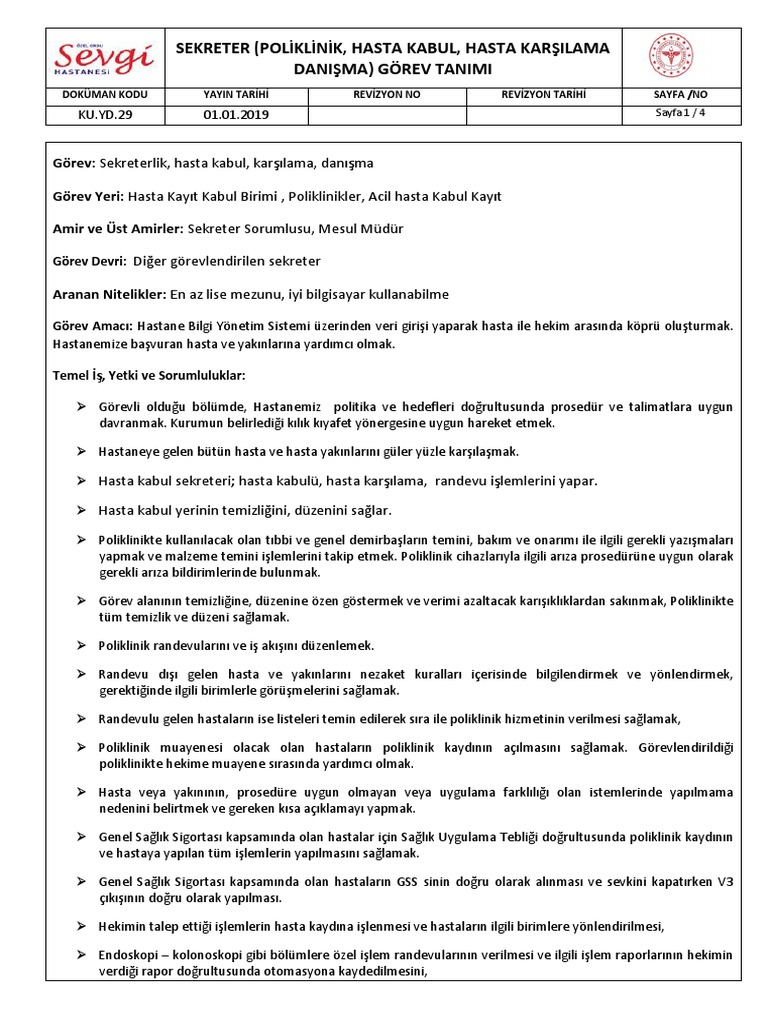 Poliklinik Karsilama Danisma Sekreteri Gorev Tanimi | PDF